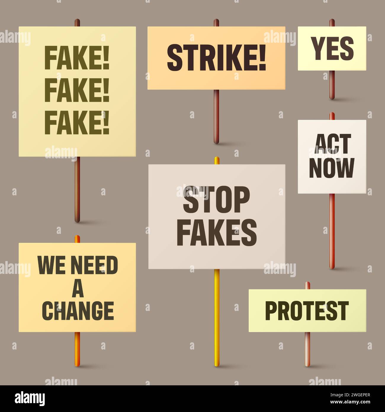 Colorful protest signs with slogan on wooden holder. Realistic vector ...