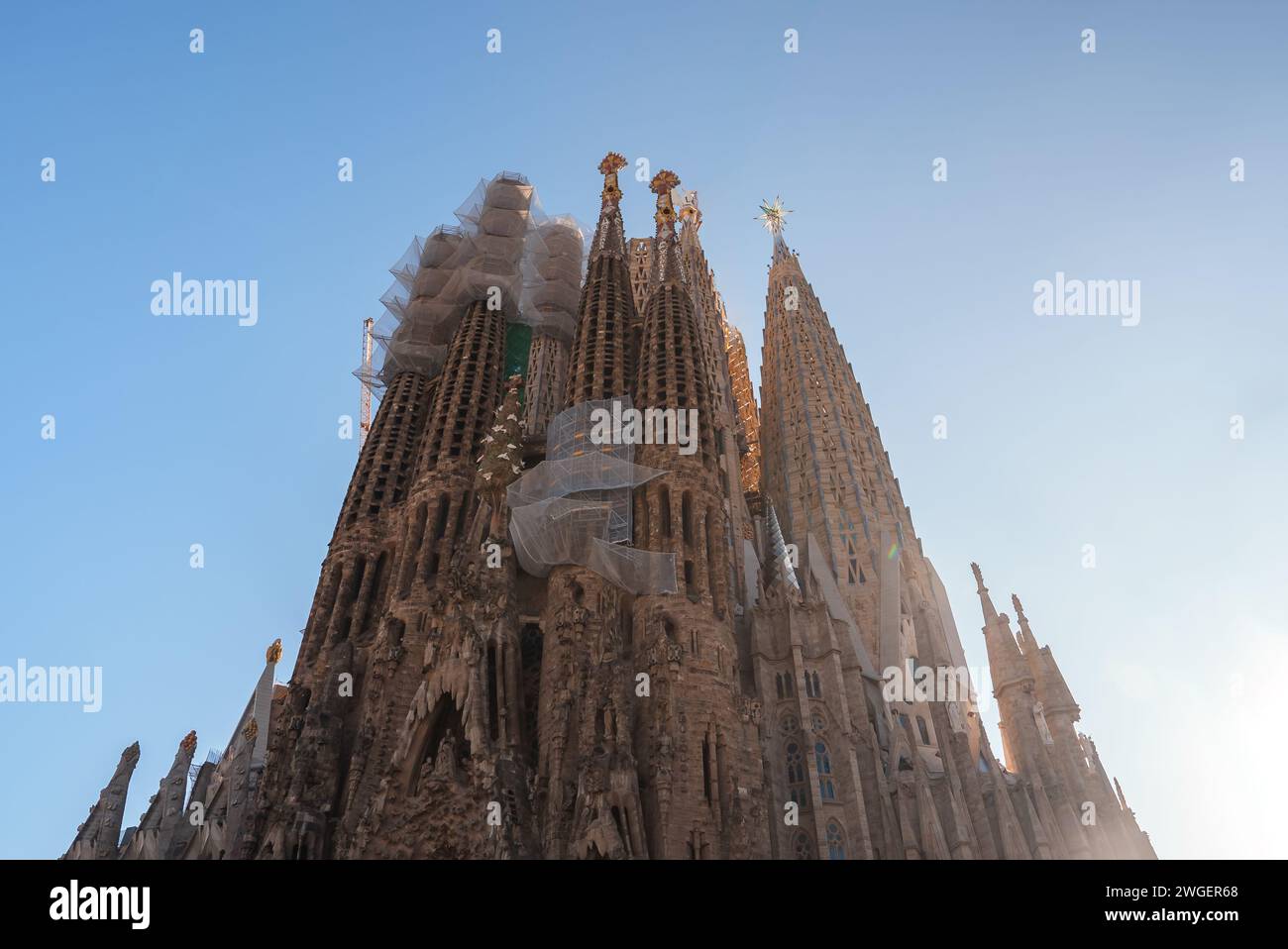 Sagrada Familia Basilica Spires Against Blue Sky, Barcelona, Spain ...