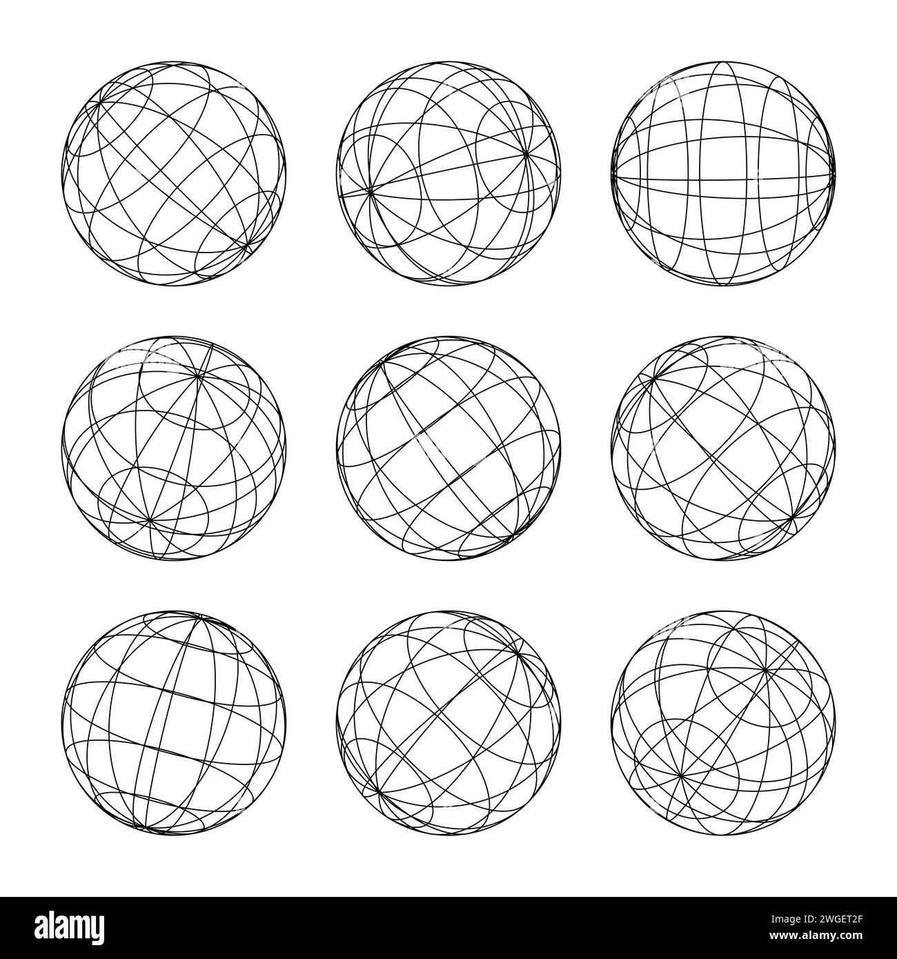 Wireframe shapes, lined sphere. Perspective mesh, 3d grid. Low poly ...