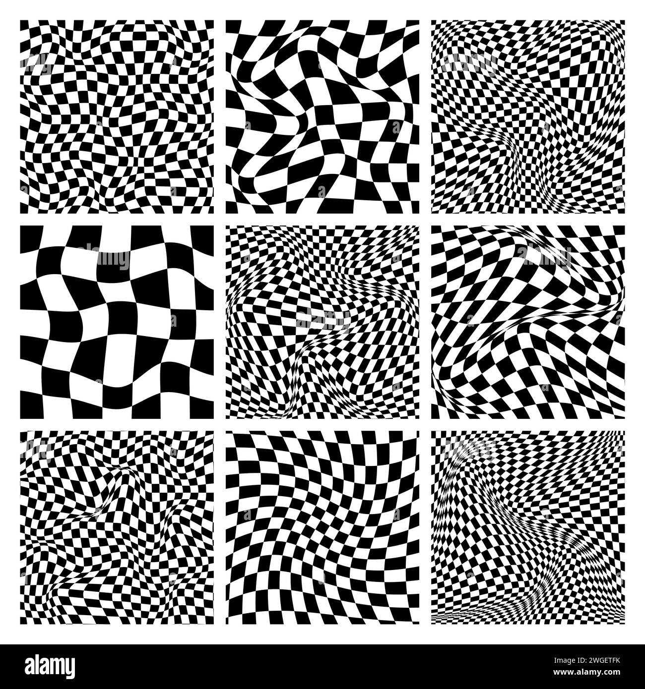 Trendy checkered pattern, black and white distorted tiled grid. Wavy ...