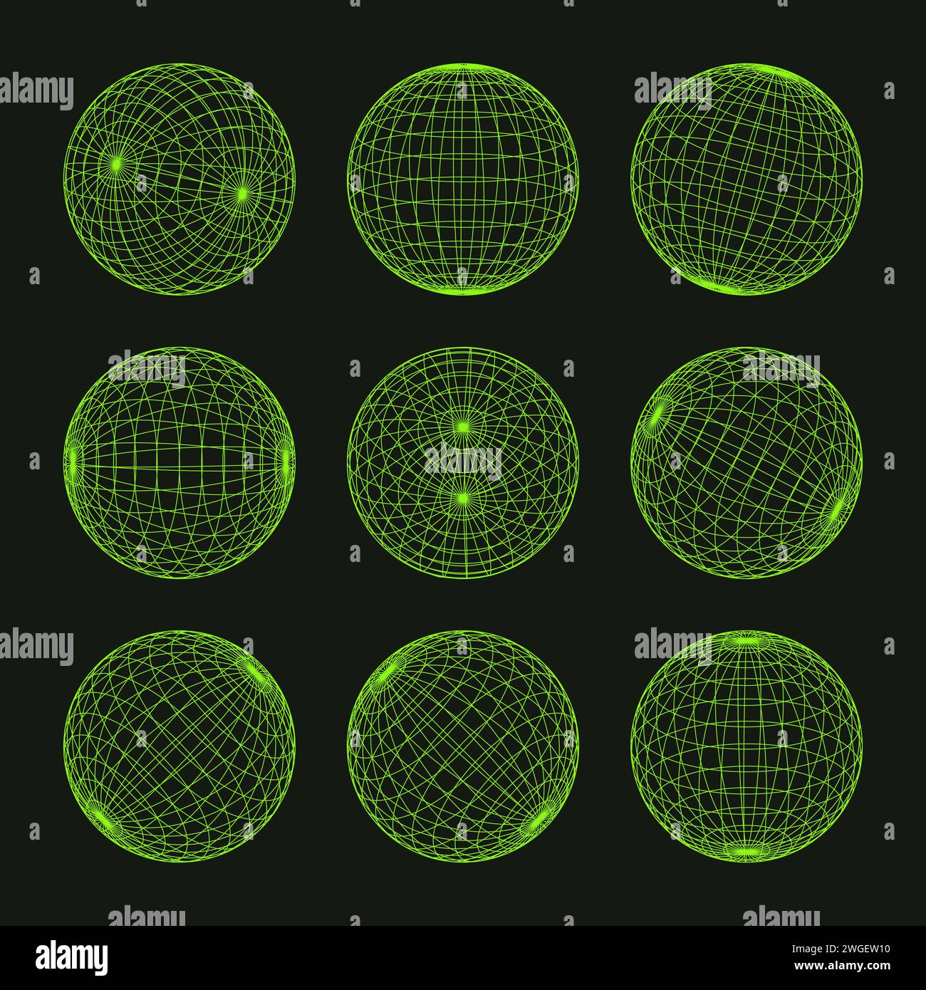 Wireframe shapes, lined sphere. Perspective mesh, 3d grid. Low poly ...