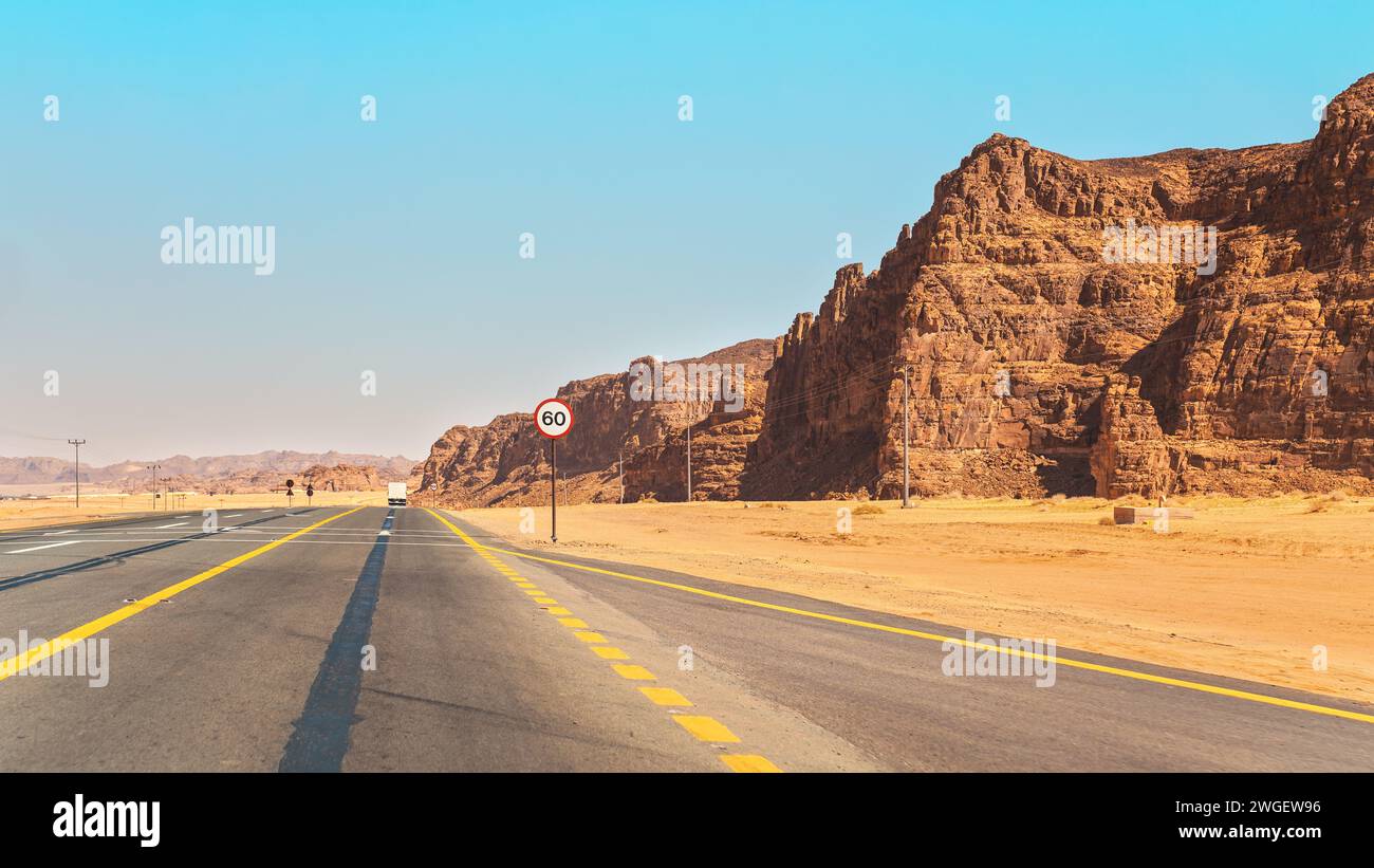 Scenic road in AlUla region of Saudi Arabia, desert with rocky ...