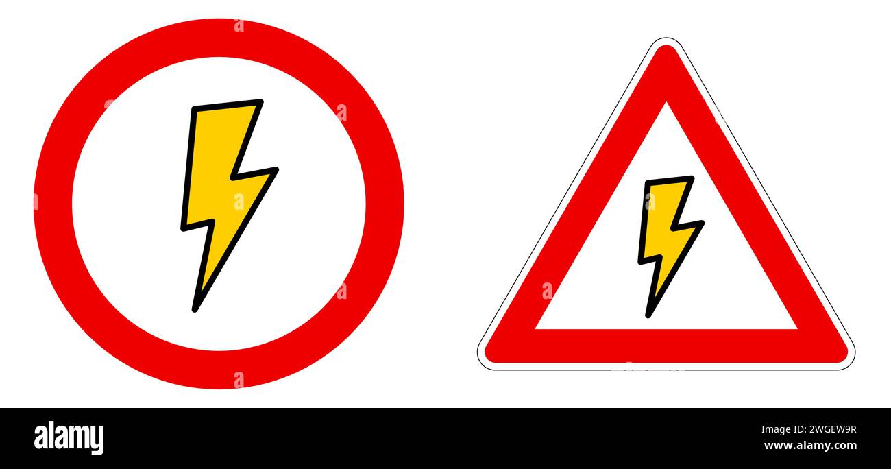 Yellow flash icon in red circle and triangle - electric shock warning ...