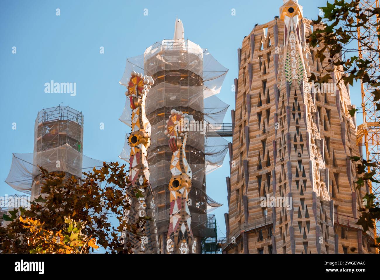 CloseUp of Sagrada Familia Towers with Scaffolding, Barcelona, Spain ...