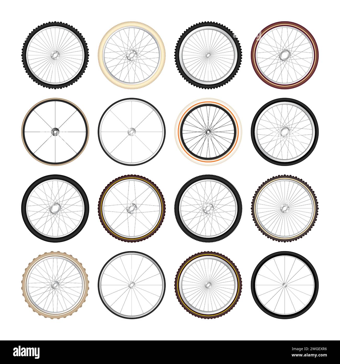 Realistic 3d retro bicycle wheels. Vintage bike rubber tyres, shiny ...