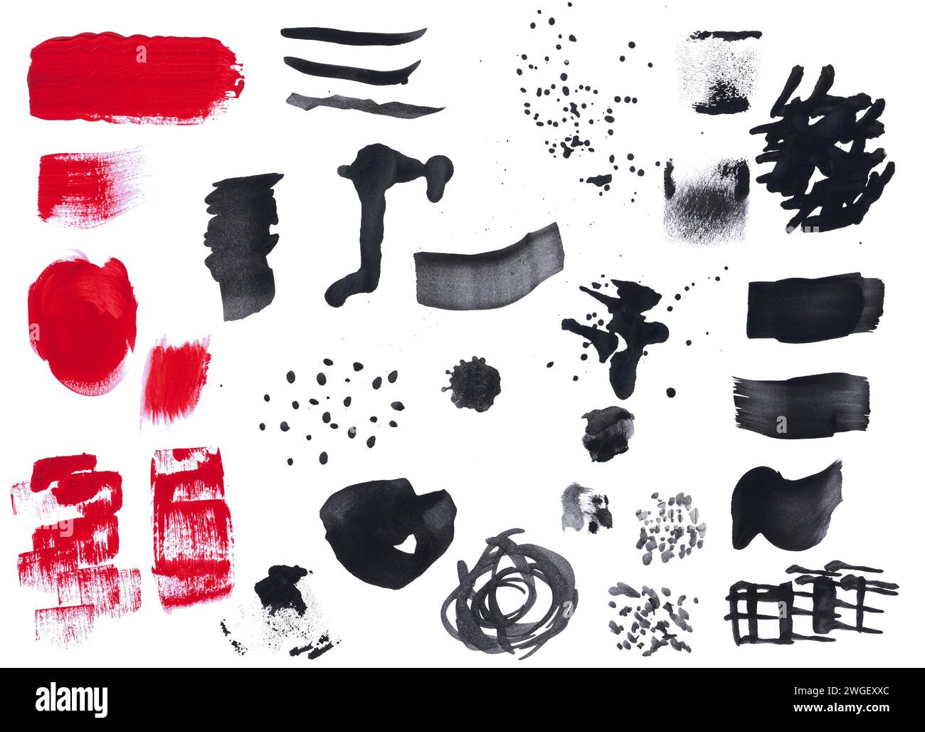 Various strokes of red and black watercolor on a white background, line ...