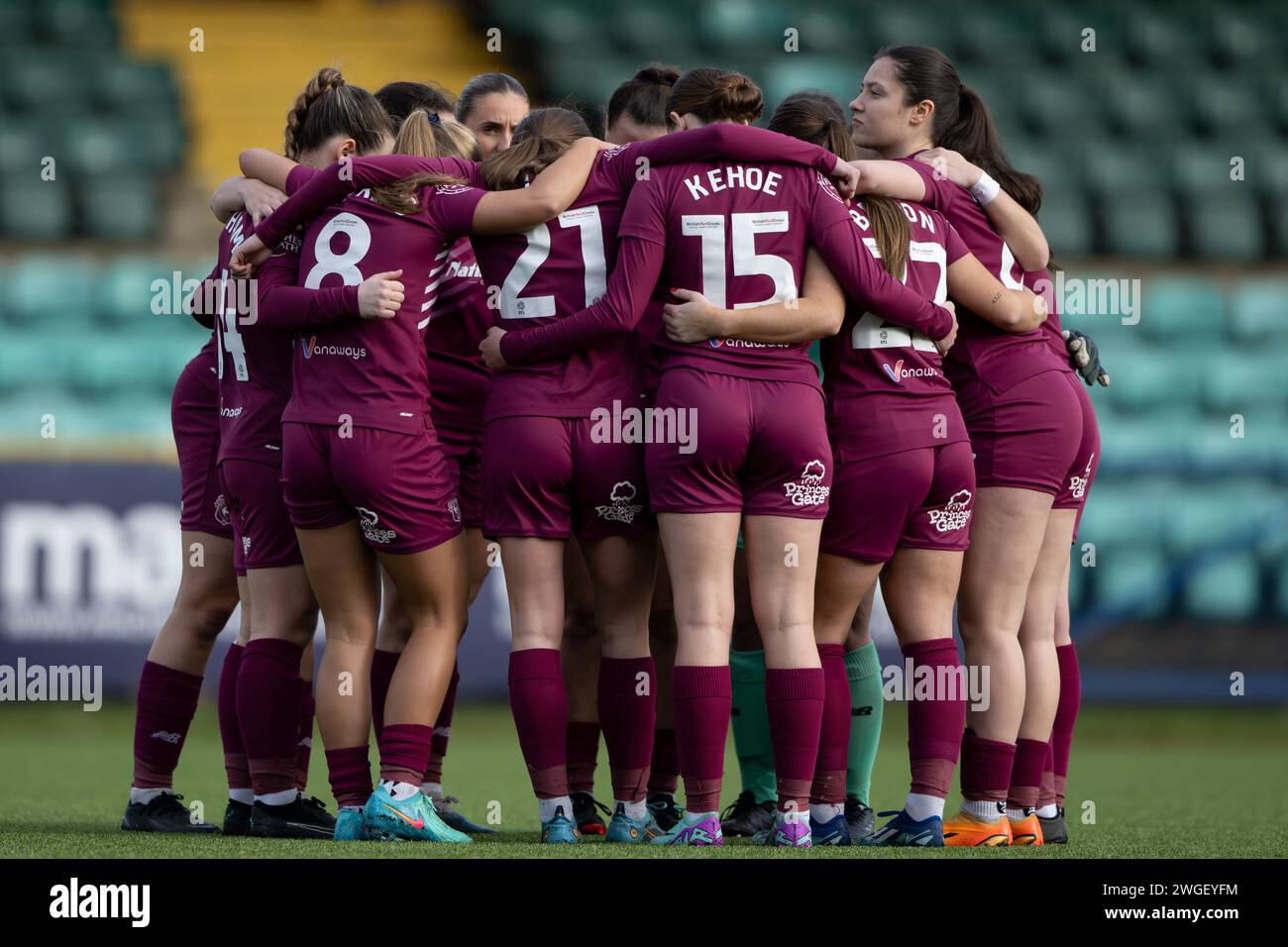 Barry, UK. 4th February 2024. Players of Cardiff City Women team huddle ...