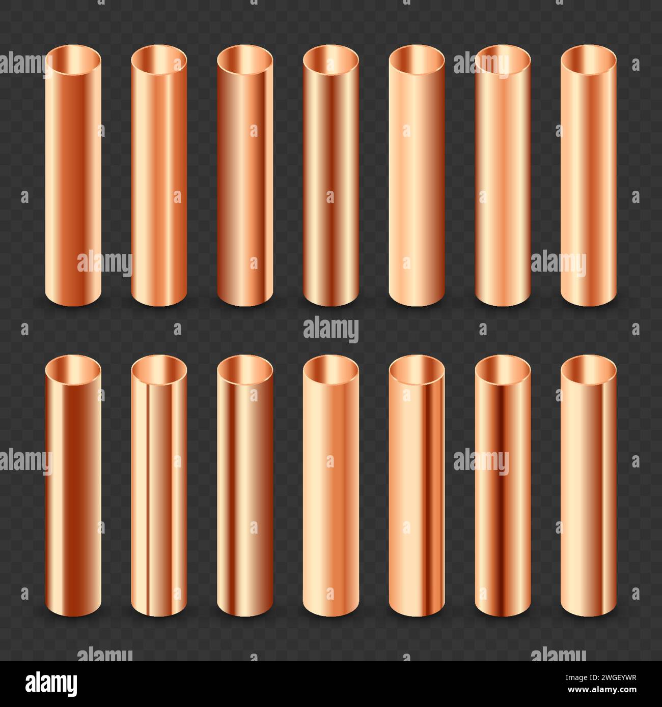 Copper pipes collection. Construction material, pipeline. Industry and engineering. Polished ...