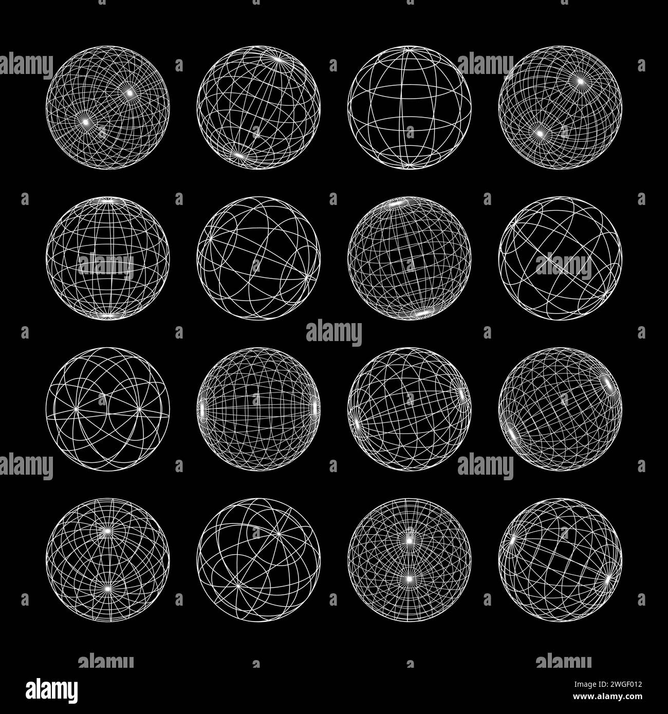 Wireframe shapes, lined sphere. Perspective mesh, 3d grid. Low poly ...