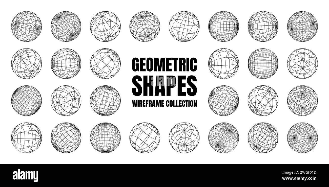 Wireframe shapes, lined sphere. Perspective mesh, 3d grid. Low poly ...