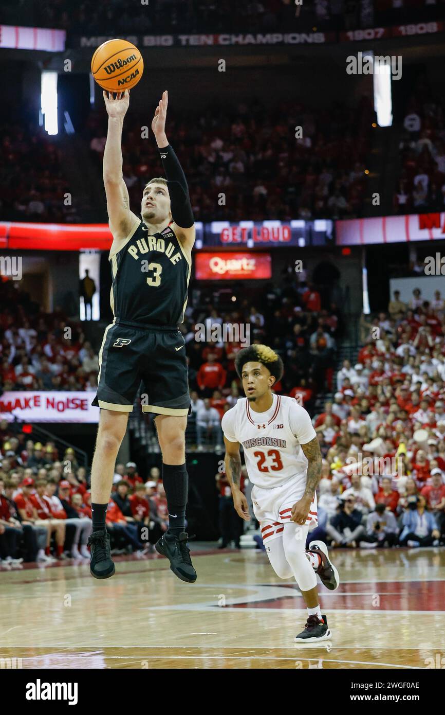 Madison, WI, USA. 4th Feb, 2024. Purdue Boilermakers guard Braden Smith (3) makes a jump shot ...