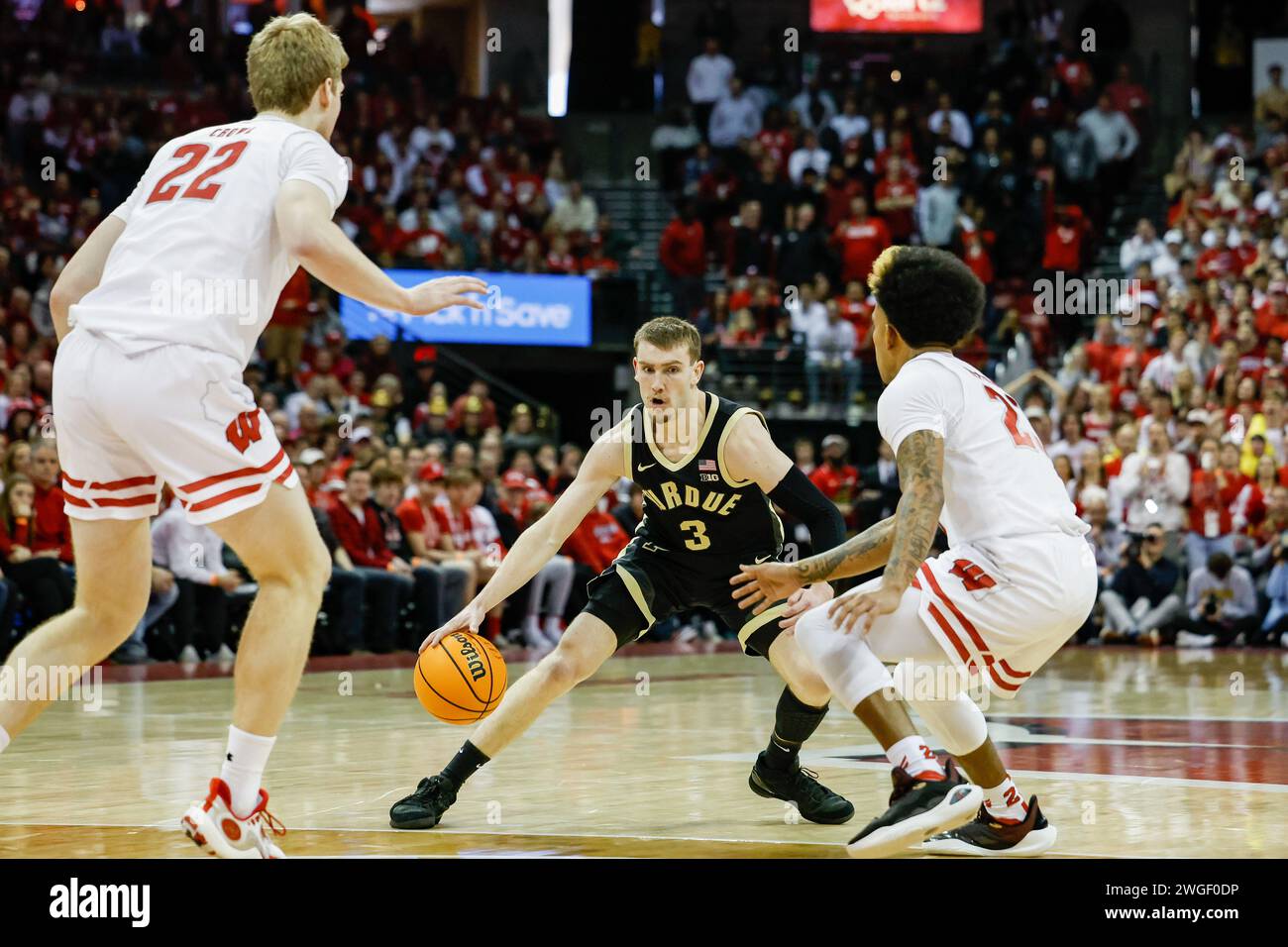Madison, WI, USA. 4th Feb, 2024. Purdue Boilermakers guard Braden Smith (3) dribbles against ...