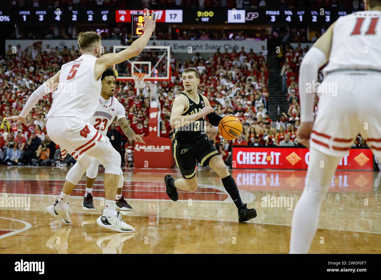 Madison, WI, USA. 4th Feb, 2024. Purdue Boilermakers guard Braden Smith (3) dribbles by ...