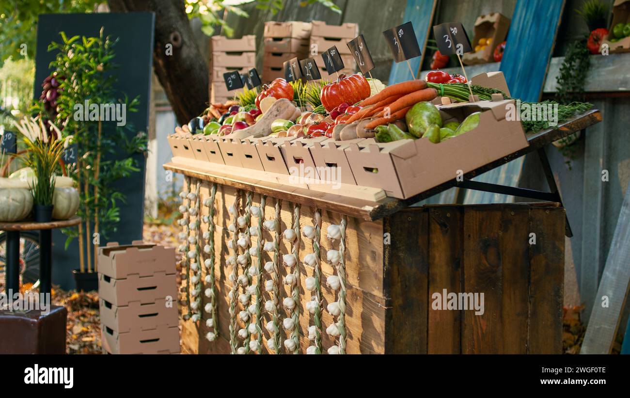 Locally grown farming products at empty farmers market stand with ...