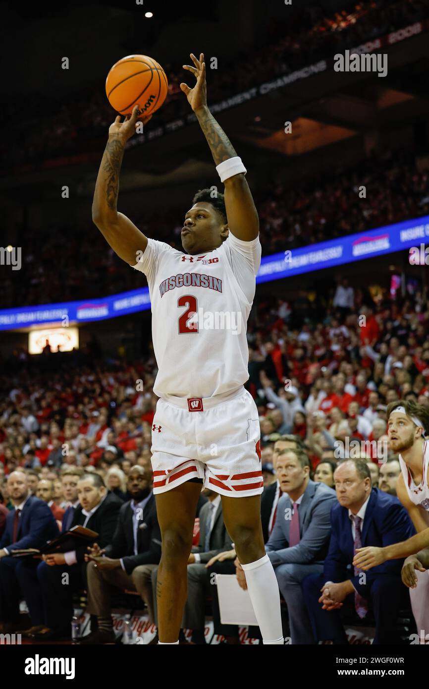 Madison, WI, USA. 4th Feb, 2024. Wisconsin Badgers guard AJ Storr (2) takes a 3 point shot ...