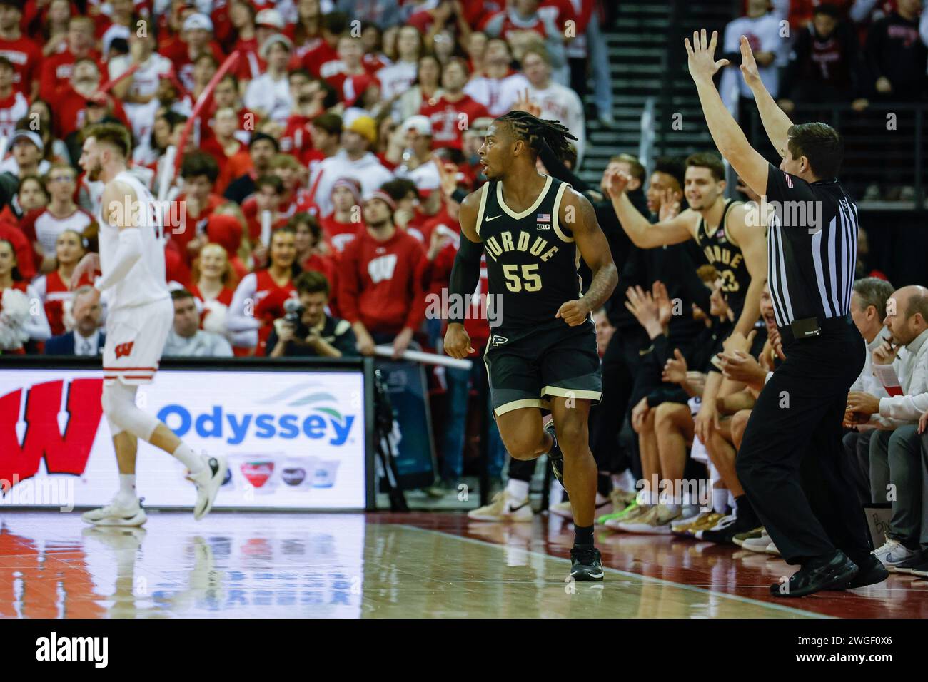 Madison, WI, USA. 4th Feb, 2024. Purdue Boilermakers guard Lance Jones (55) makes a 3 point shot ...