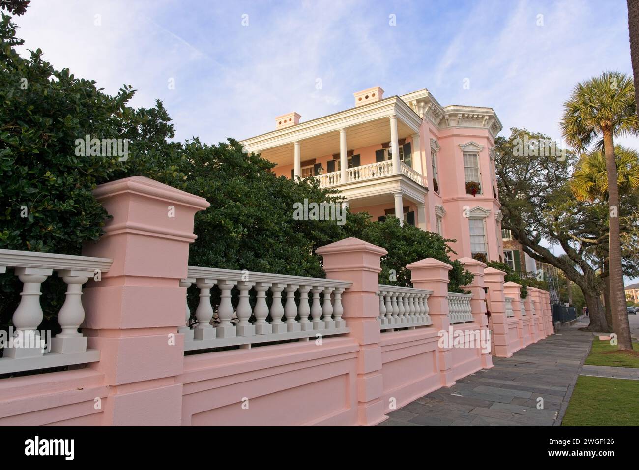 Pink balustrade topped wall along East Battery Street in historic ...