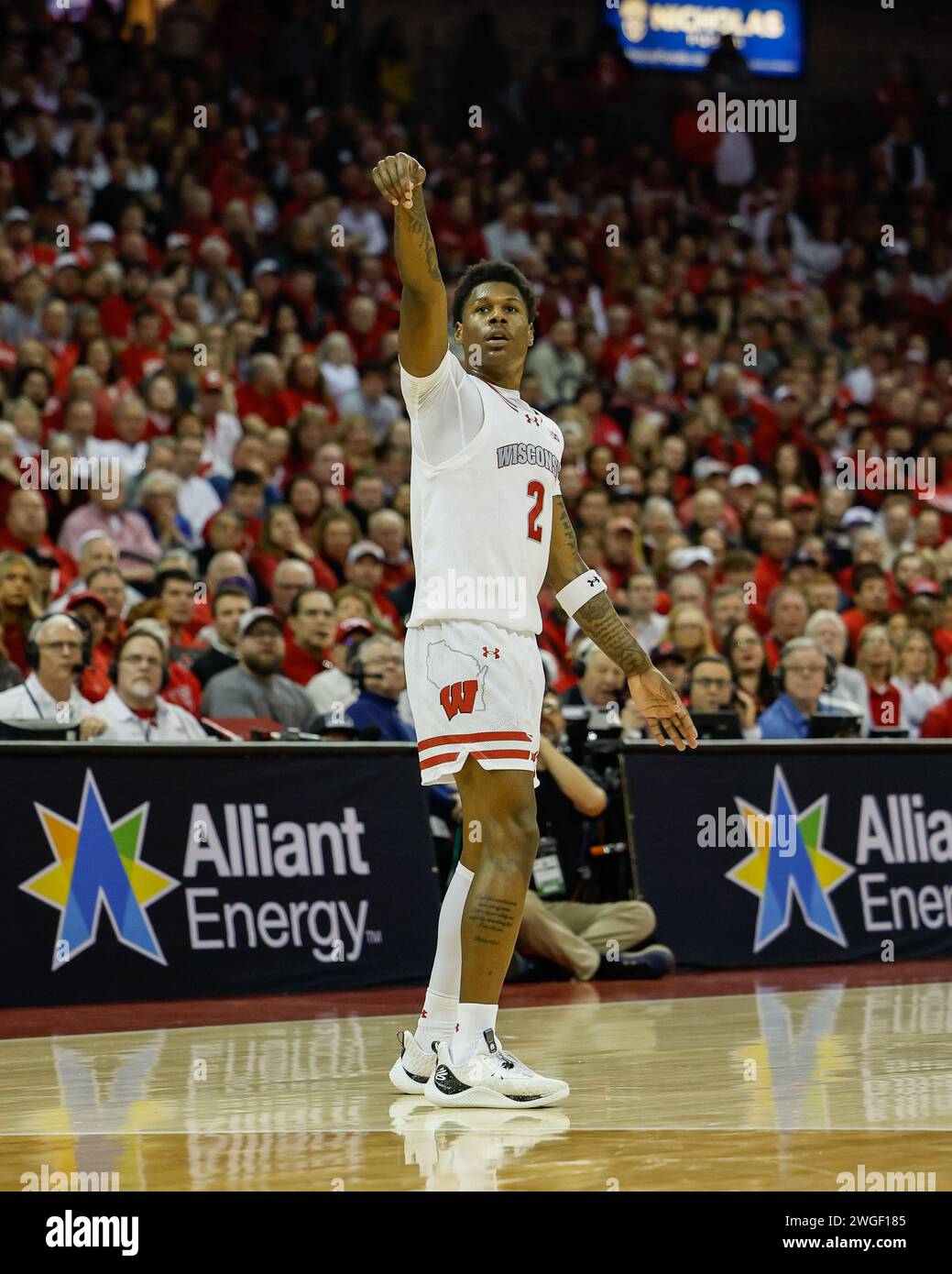 February 4, 2024: Wisconsin Badgers guard AJ Storr (2) holds his follow through on a 3 point ...
