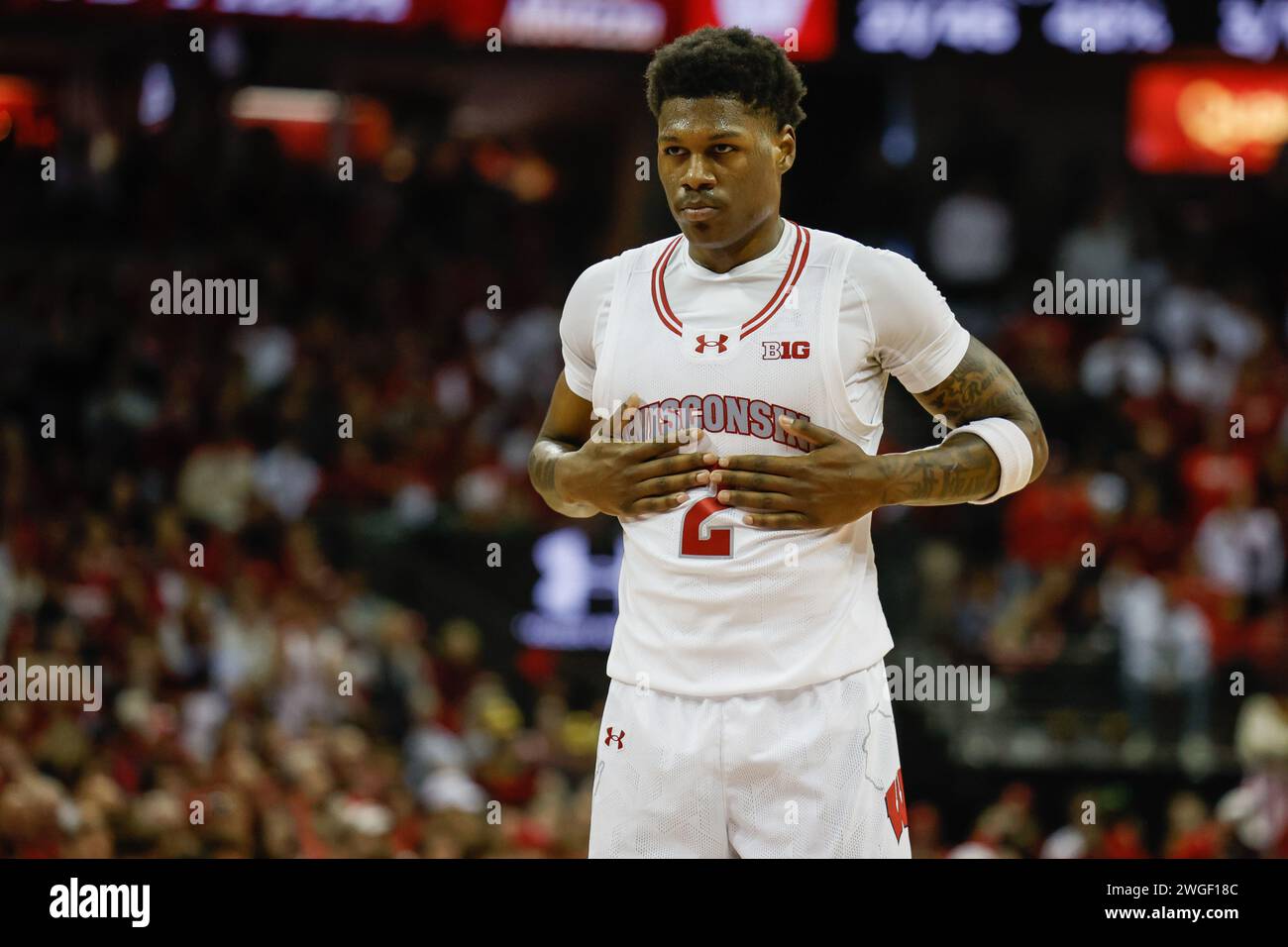 Madison, WI, USA. 4th Feb, 2024. Wisconsin Badgers guard AJ Storr (2) prepares for a free throw ...