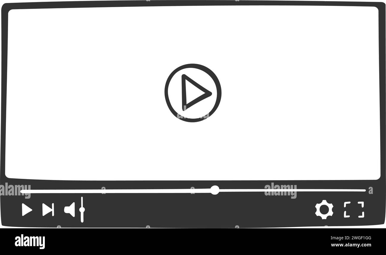 Video player interface in doodle style. Hand drawn online film screen with progress slider bar ...