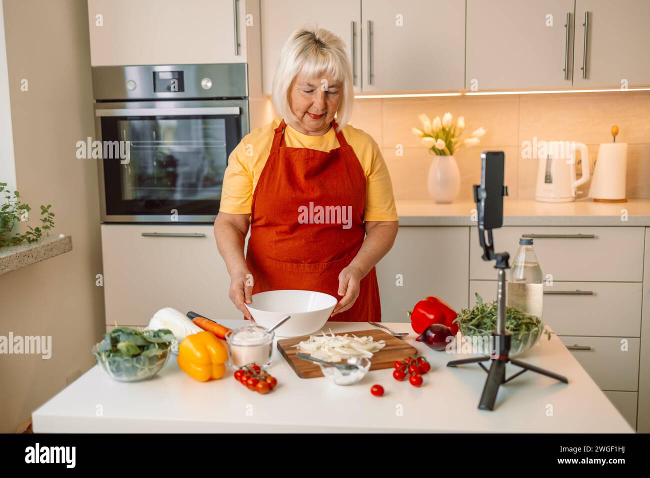 Lady live streamer online to introduce delicious food. Caucasian female ...