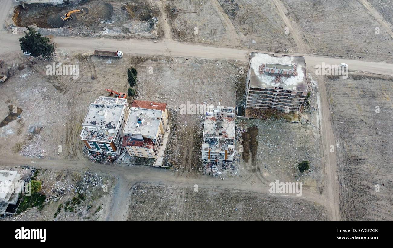 (EDITORS NOTE: Photo taken with drone) View of destroyed buildings and ...