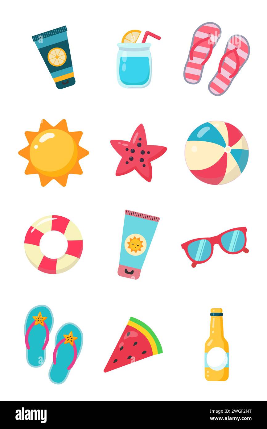 Summer beach set. Cartoon sea and ocean recreation attributes. Summer ... Summer beach set. Cartoon sea and ocean recreation attributes. Summer ...