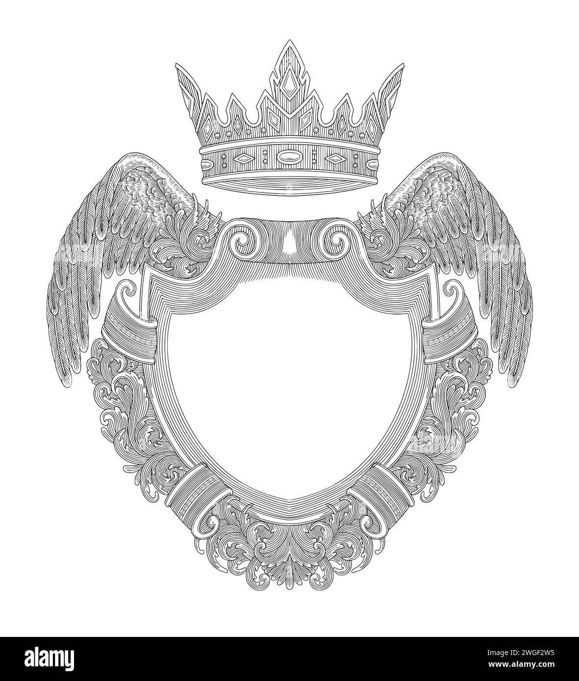 antique frame with crown, floral ornament and angel wing, vintage ...