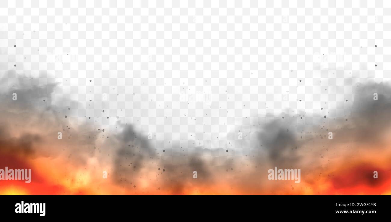 Realistic black smoke clouds and fire. Flame blast, explosion. Stream ...