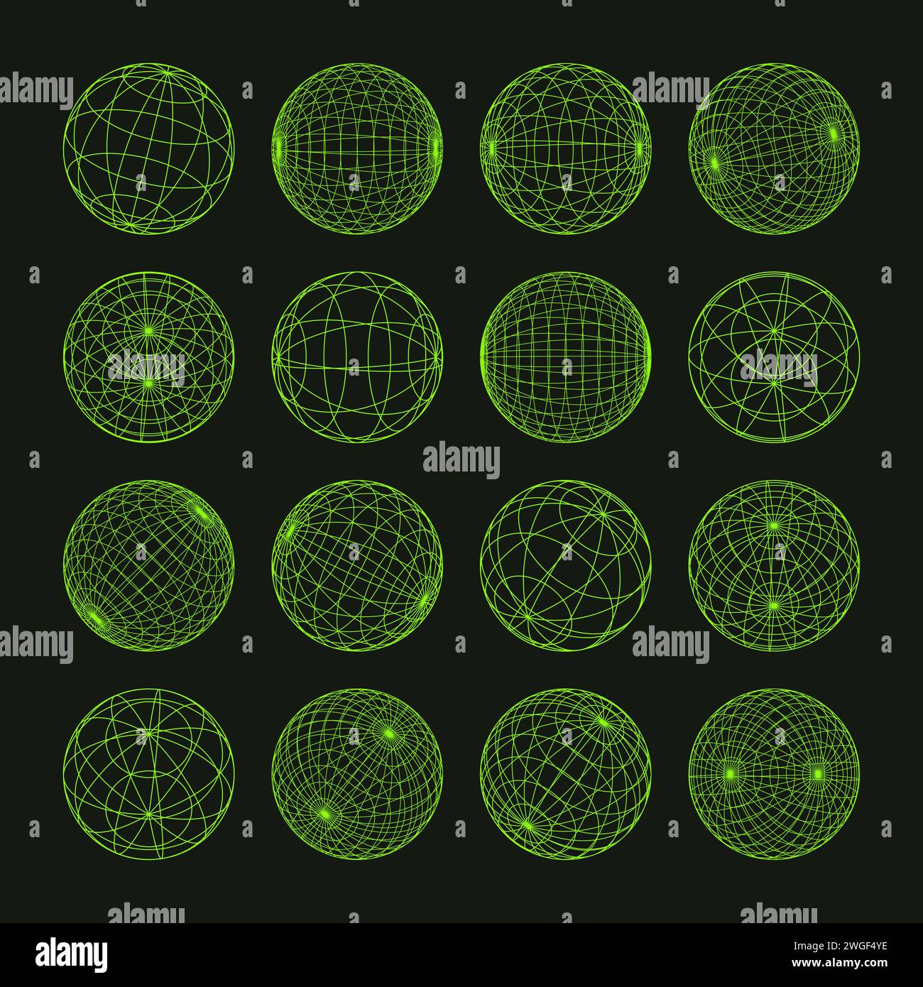 Wireframe shapes, lined sphere. Perspective mesh, 3d grid. Low poly ...