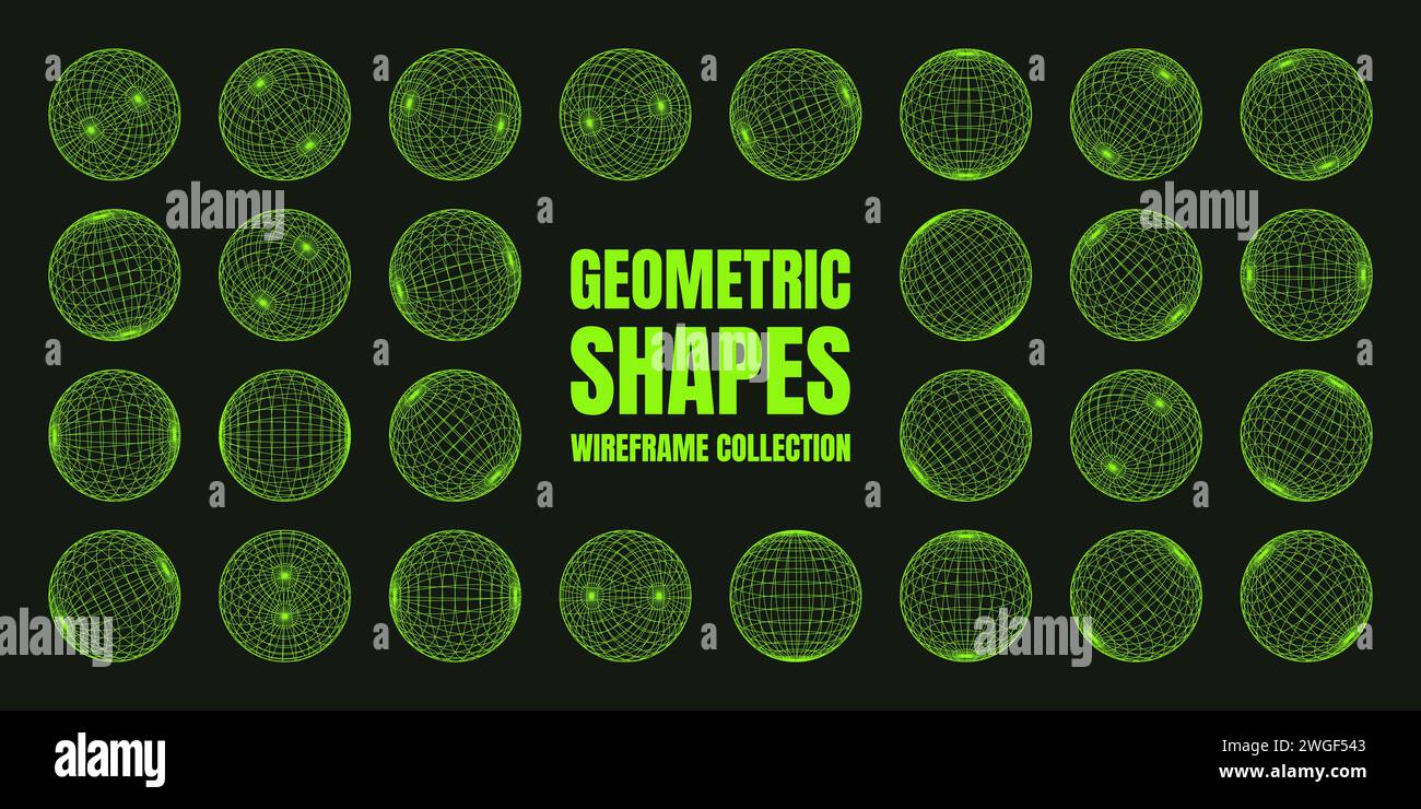 Wireframe shapes, lined sphere. Perspective mesh, 3d grid. Low poly ...