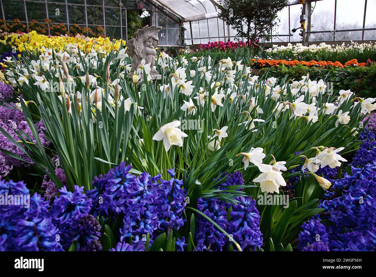 A sculpture surrounded by the spring flowers inside a conservatory ...
