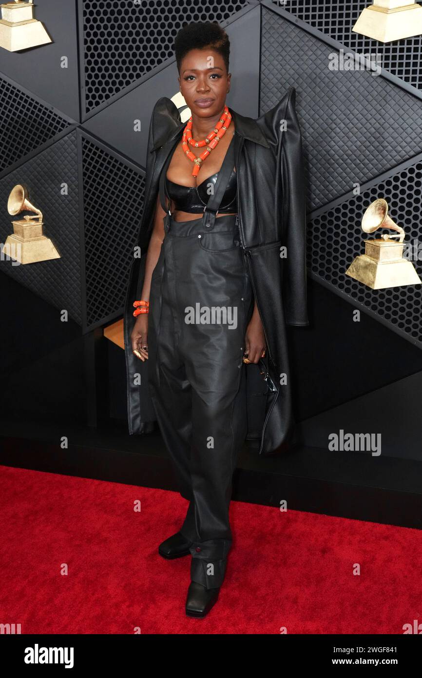 Folake Olowofoyeku arrives at the 66th annual Grammy Awards on Sunday, Feb. 4, 2024, in Los ...
