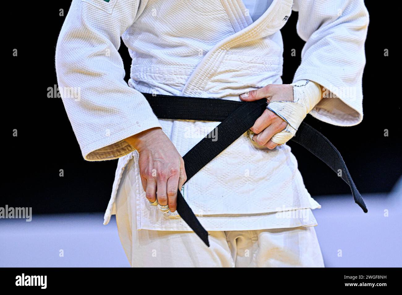 Illustration picture shows a judoka fighter putting his black belt back ...
