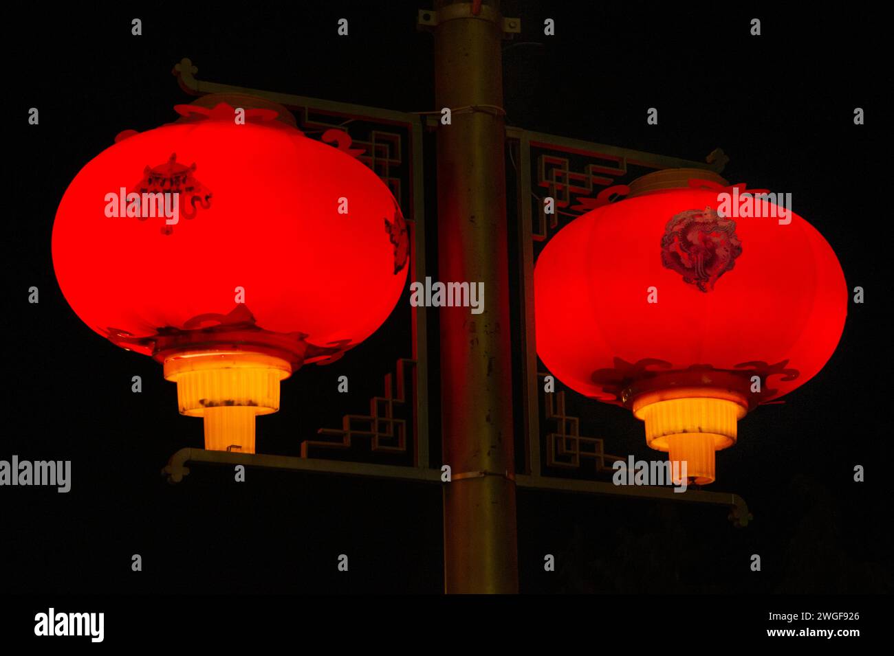 Crimson red street lamps glow along Beijing Middle Road in Lhasa City ...
