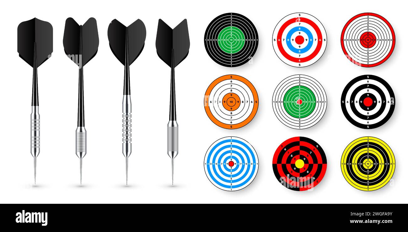 Paper targets with dart arrows and shadows. Shooting range round target ...