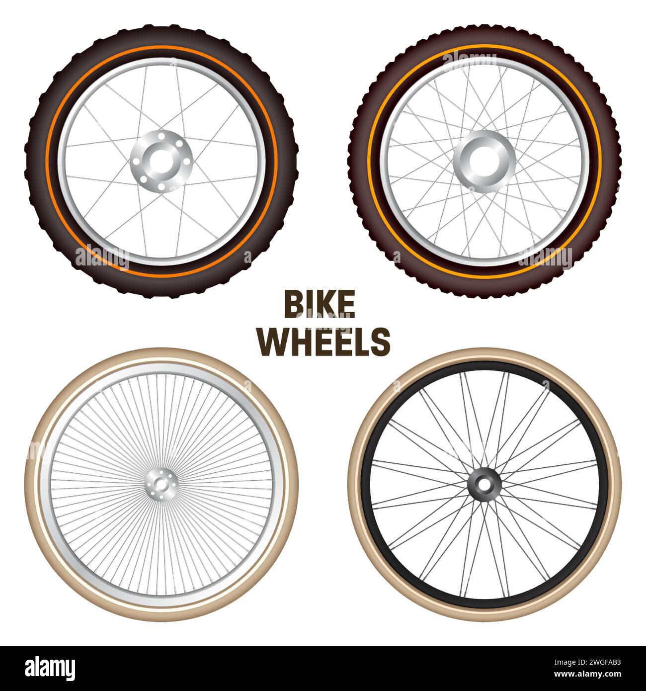 Realistic 3d retro bicycle wheels. Vintage bike rubber tyres, shiny ...