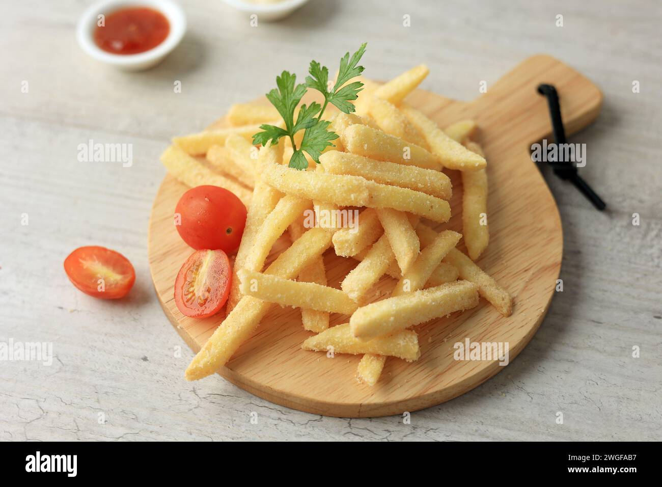 French Fries Stick Served on Wooden Board Coating with Spice and Salt ...