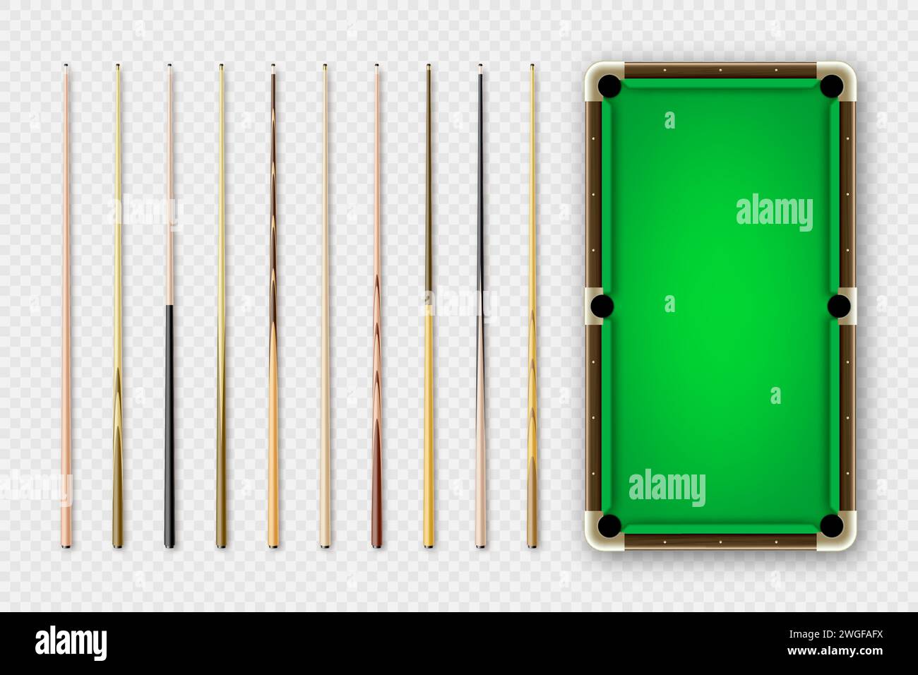 Various wooden billiard cues and green pool table. Snooker sports ...