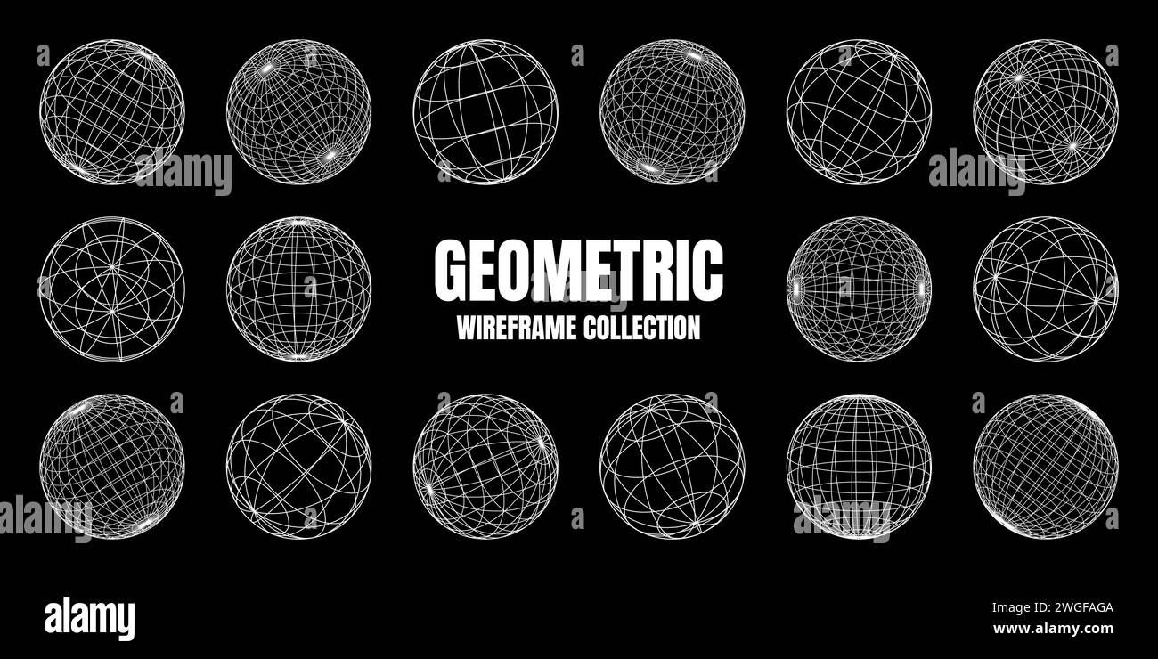 Wireframe shapes, lined sphere. Perspective mesh, 3d grid. Low poly ...