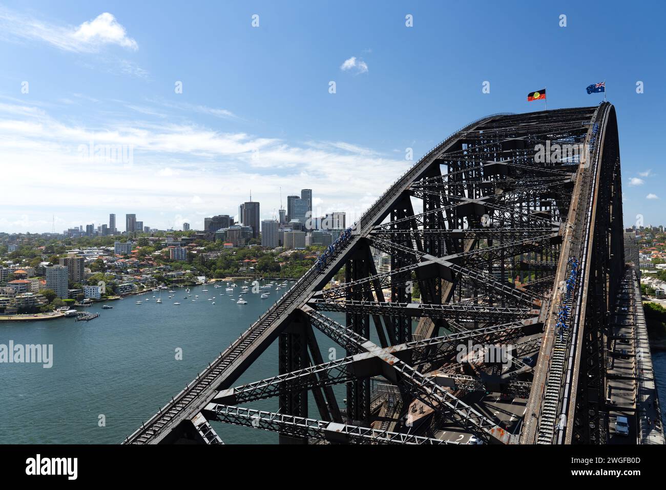 People climbing the Sydney Harbour Bridge viewed from the Pylon Lookout ...