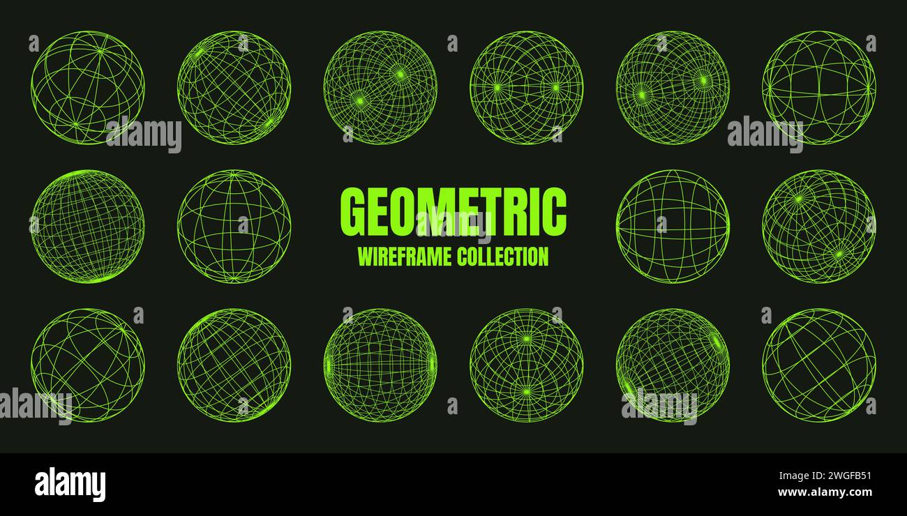 Wireframe shapes, lined sphere. Perspective mesh, 3d grid. Low poly ...