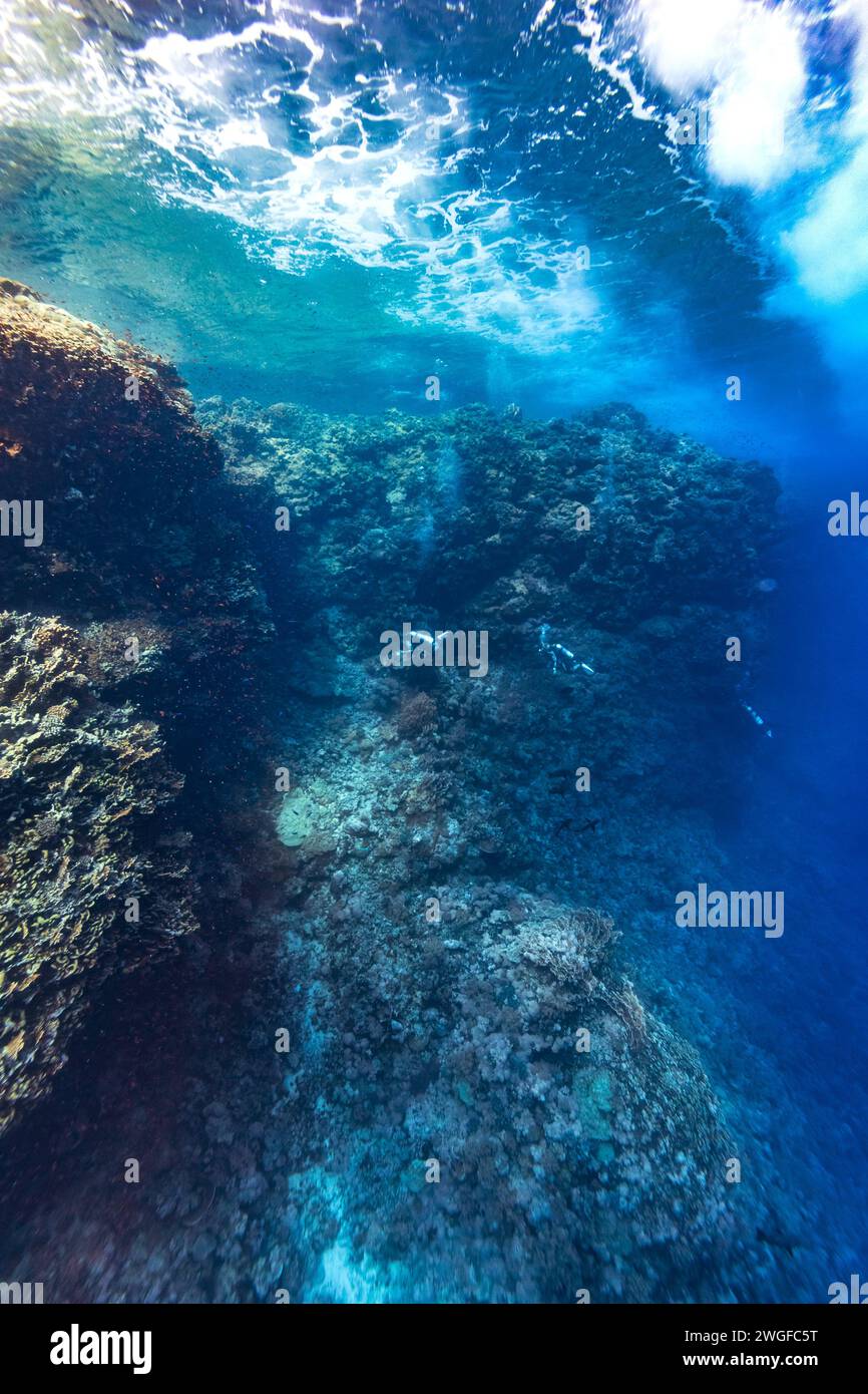 View from below as waves crash on the wall of a tropical coral reef ...