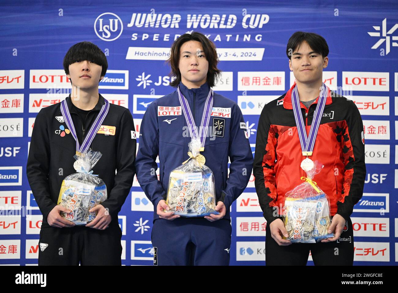 Aomori, Japan. Credit: MATSUO. 4th Feb, 2024. (L-R) Kyungmin Koo (KOR), Yuta Hirose (JPN), Jalen ...
