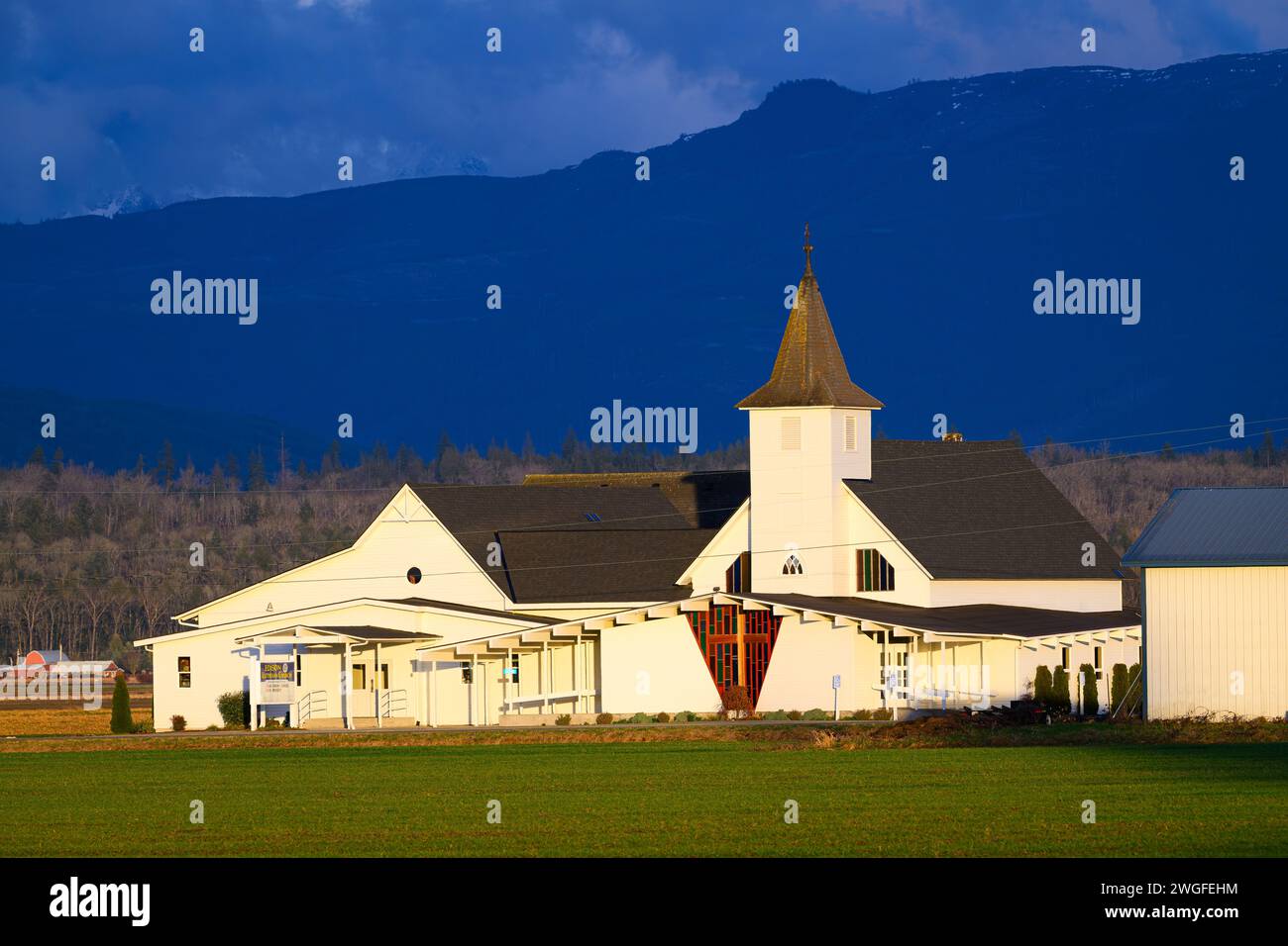 Bow, WA, USA - February 2, 2024; Edison Lutheran Church with mountain ...