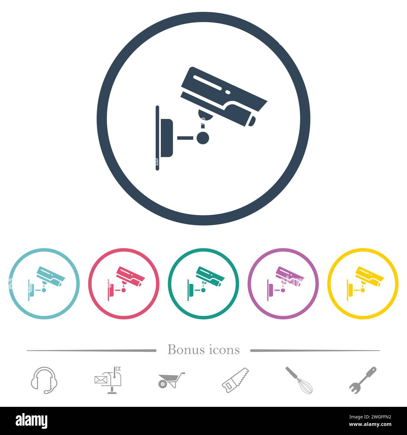 CCTV camera flat color icons in round outlines. 6 bonus icons included ...