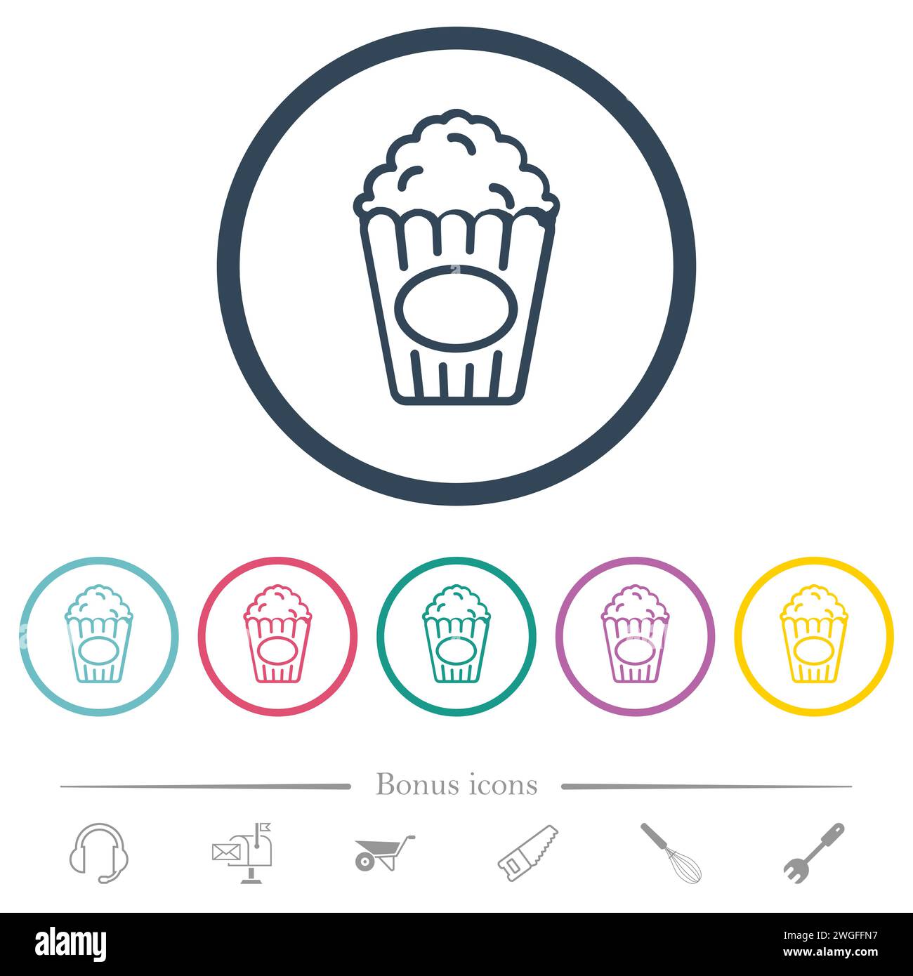 Popcorn outline flat color icons in round outlines. 6 bonus icons ...