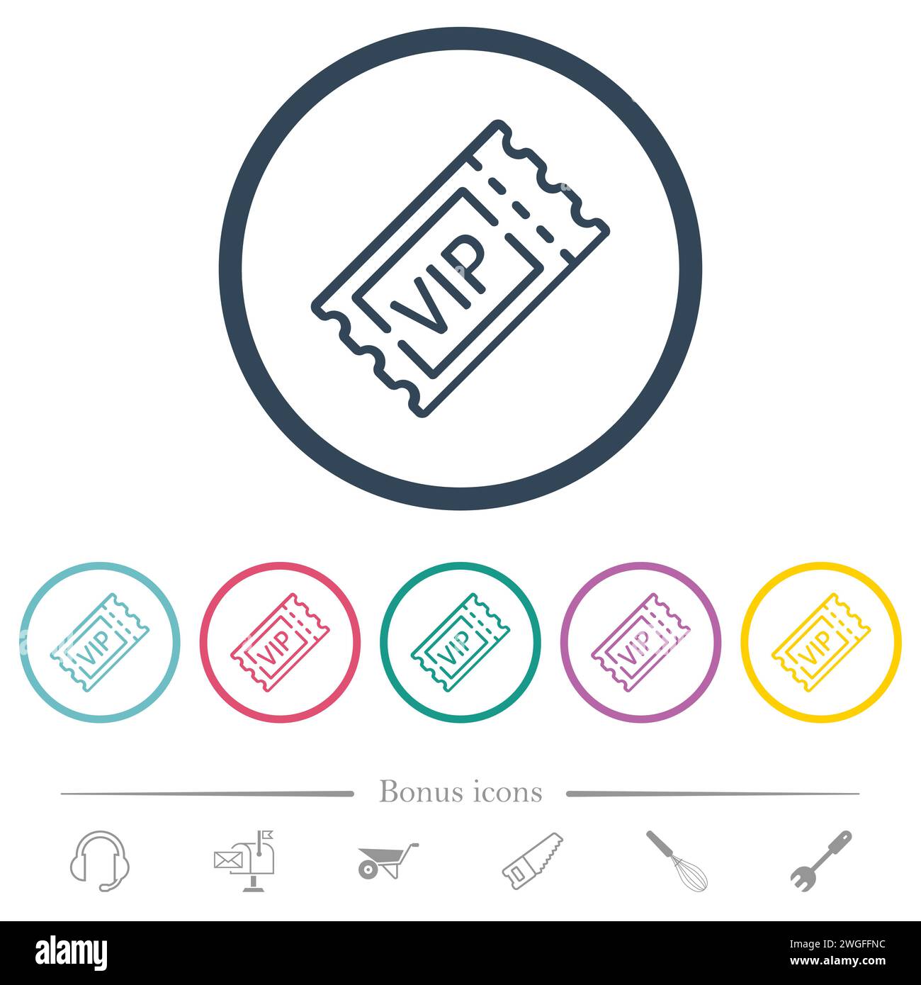 VIP ticket outline flat color icons in round outlines. 6 bonus icons ...
