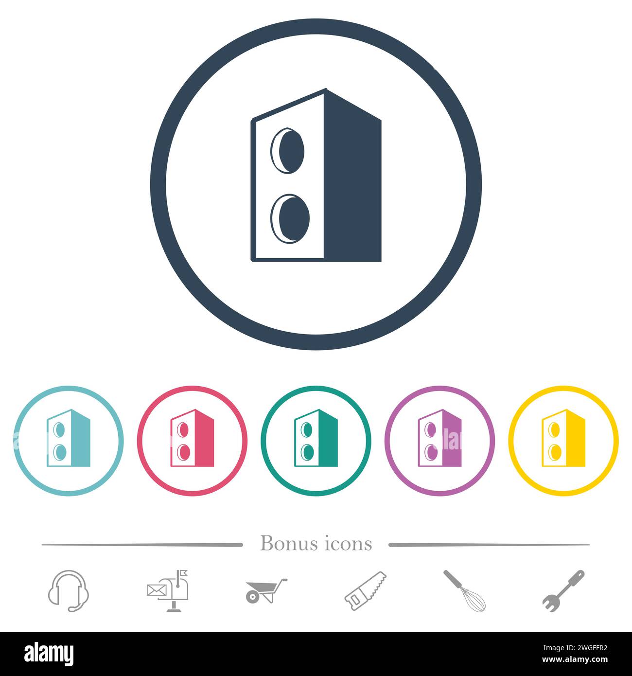Speaker flat color icons in round outlines. 6 bonus icons included ...
