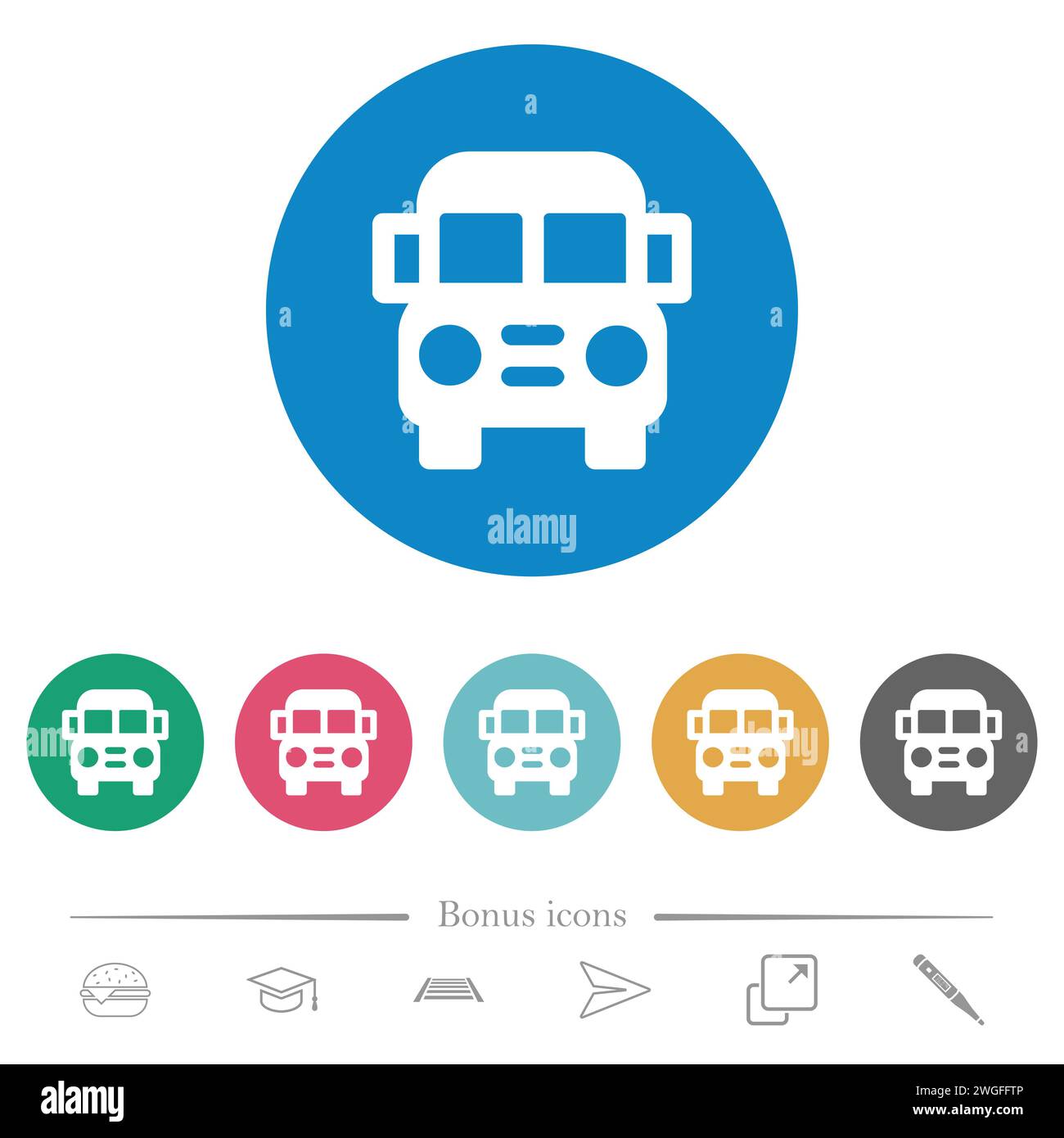 school bus front view solid flat white icons on round color backgrounds ...